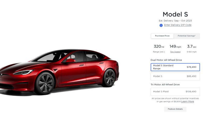 Tesla offers lower cost "standard range" variants of flagship Model S ...